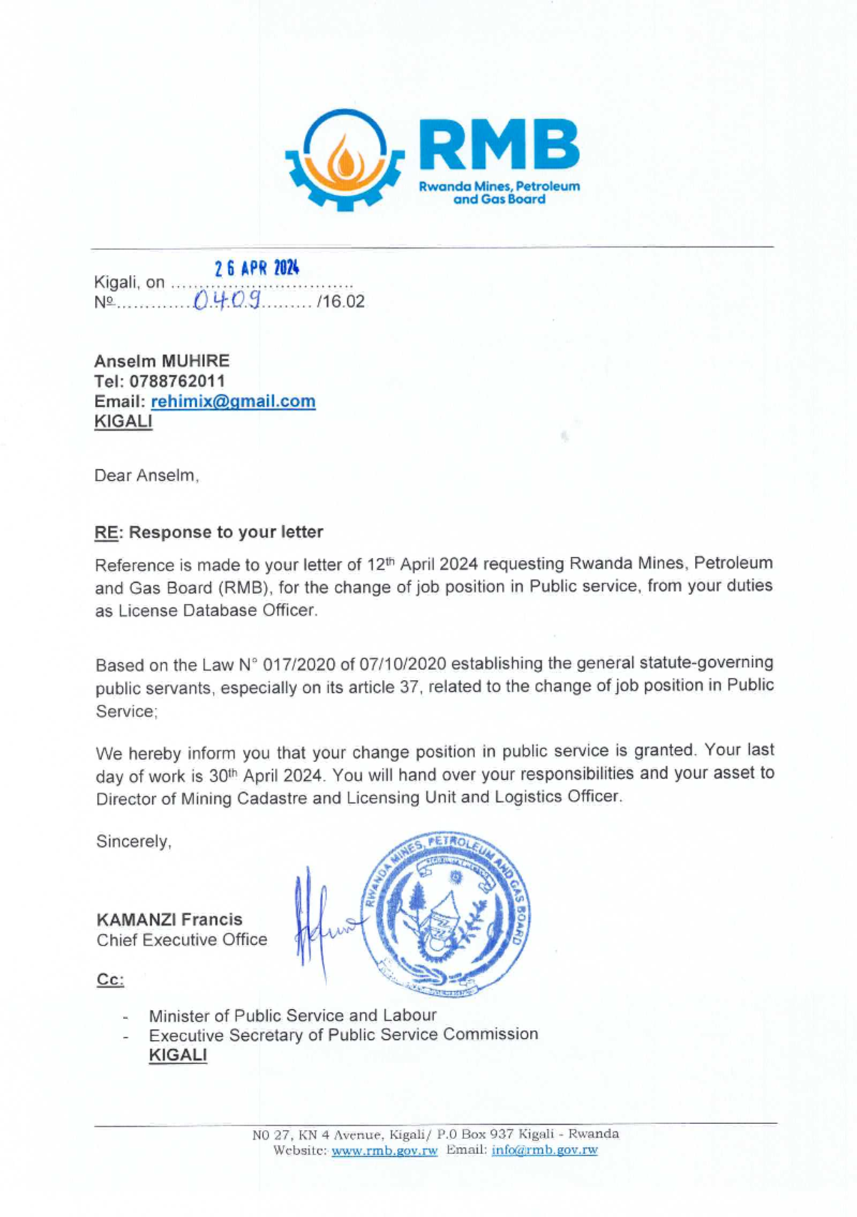 16.02 2024 0409 RMB CEO Muhire Anselme Response TO YOUR Letter ...