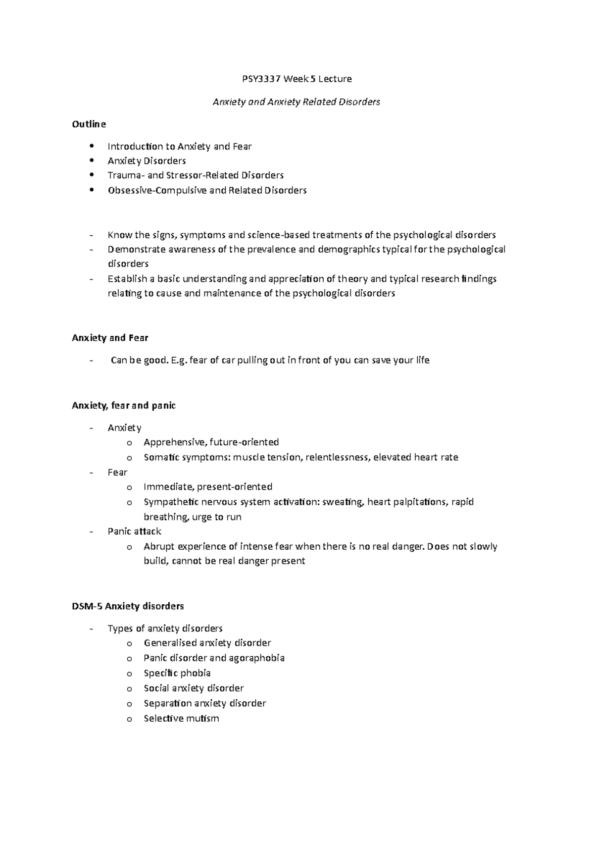 PSY3337 Week 5 Lecture Anxiety and Anxiety Related Disorders - PSY3337 ...