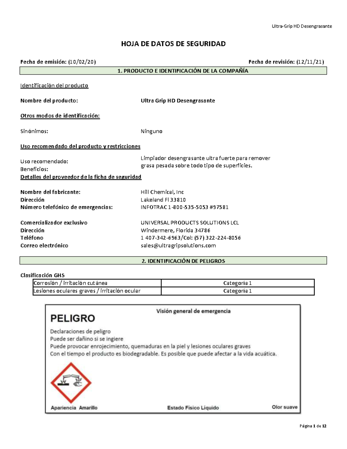 MSDS Ultra GRIP Desengrasante HD.docx 2021 - 1. PRODUCTO E IDENTIFICACIÓN DE LA COMPAÑÍA 2 ...