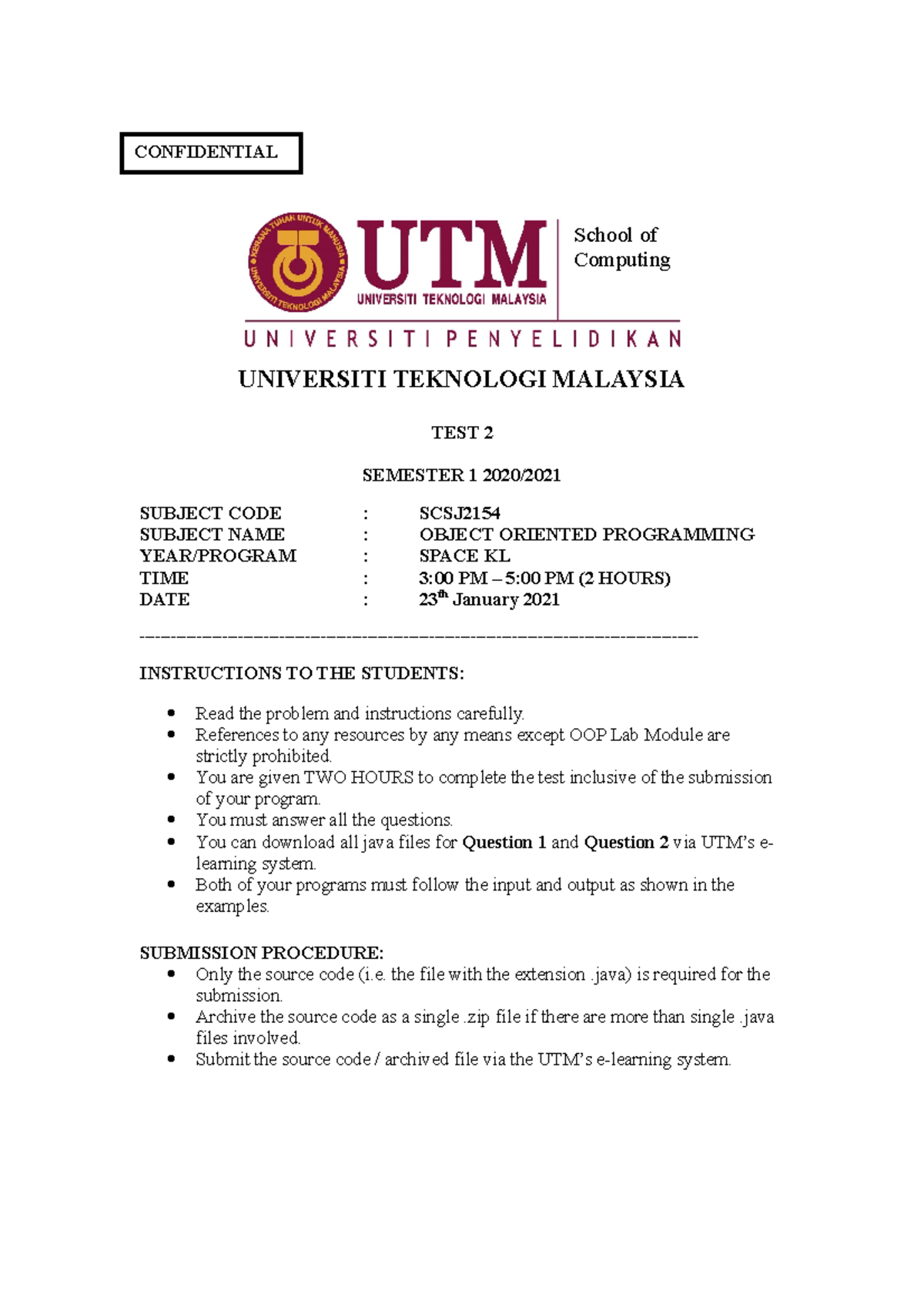 Question - Tutorial Work - UNIVERSITI TEKNOLOGI MALAYSIA TEST 2 ...
