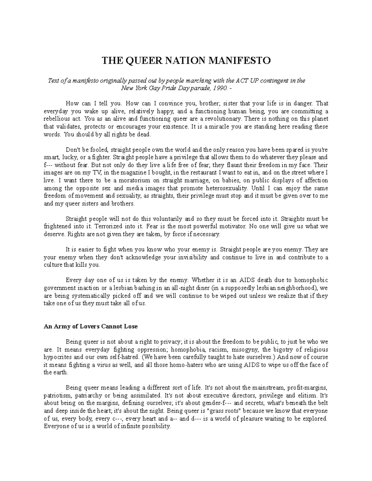 THE Queer Nation Manifesto - THE QUEER NATION MANIFESTO Text of a ...