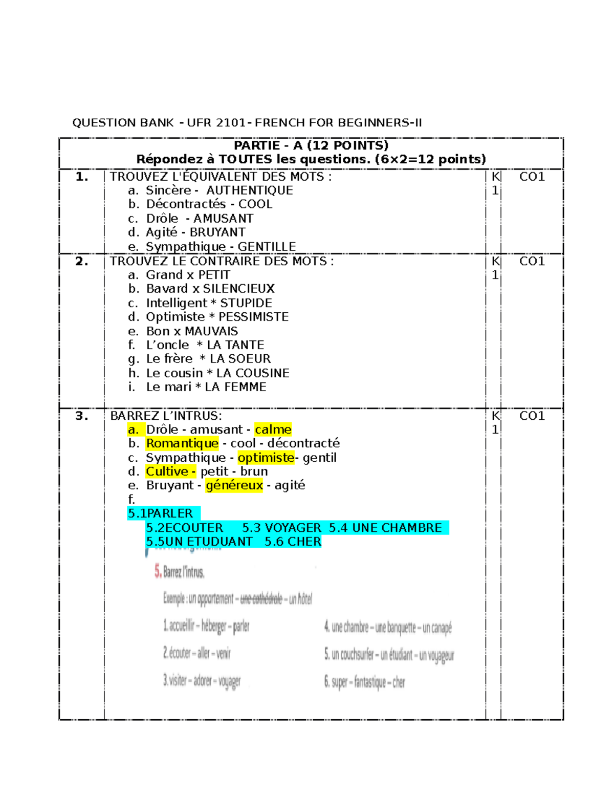 Question BANK -WITH KEY- UFR 2101- French FOR Beginners-II - QUESTION ...