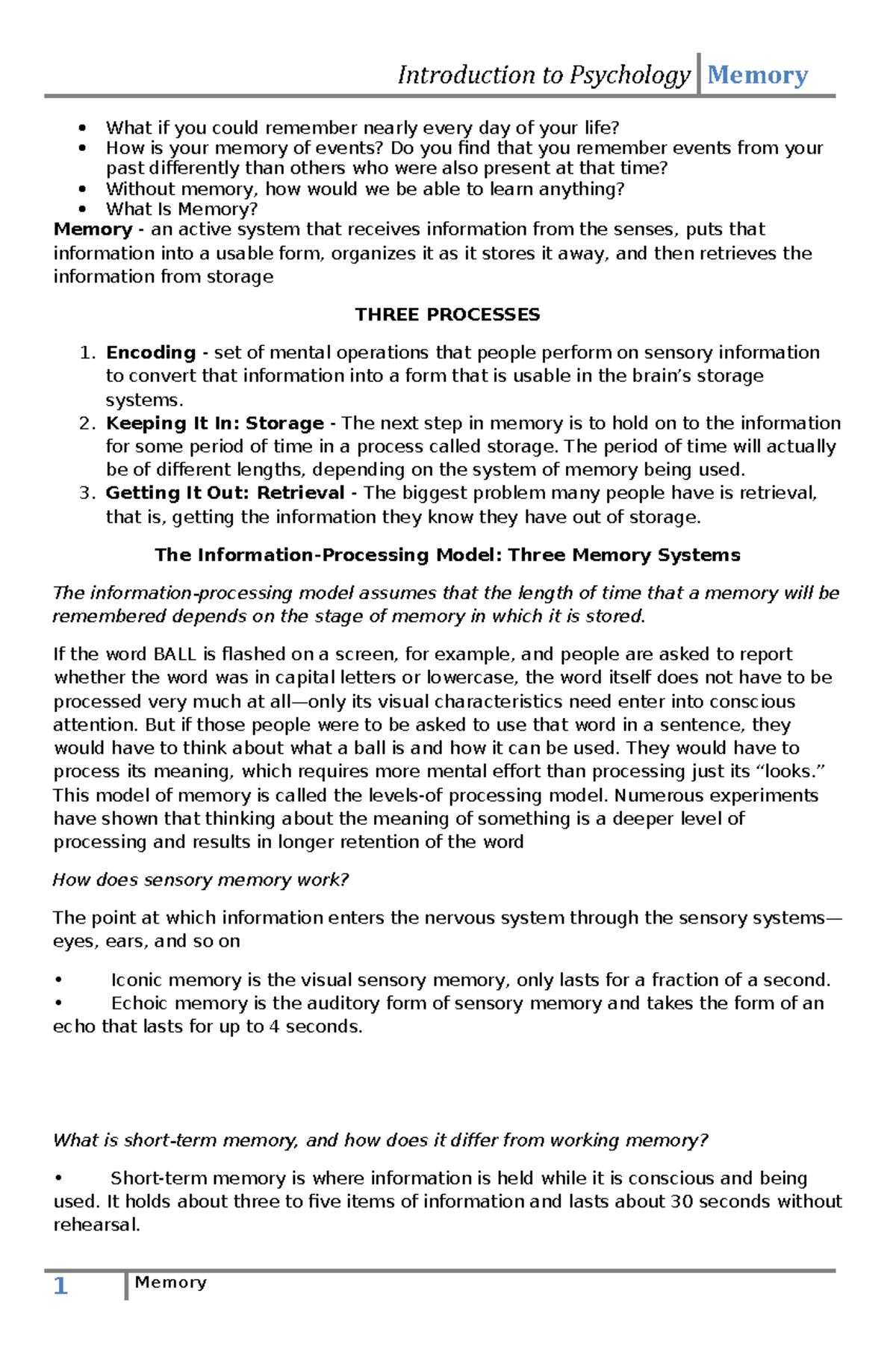 Memory - This module is designed for introduction t psychology class ...