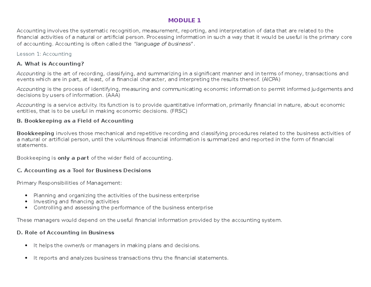 Module 1-5 Funda - MODULE 1 Accounting involves the systematic ...