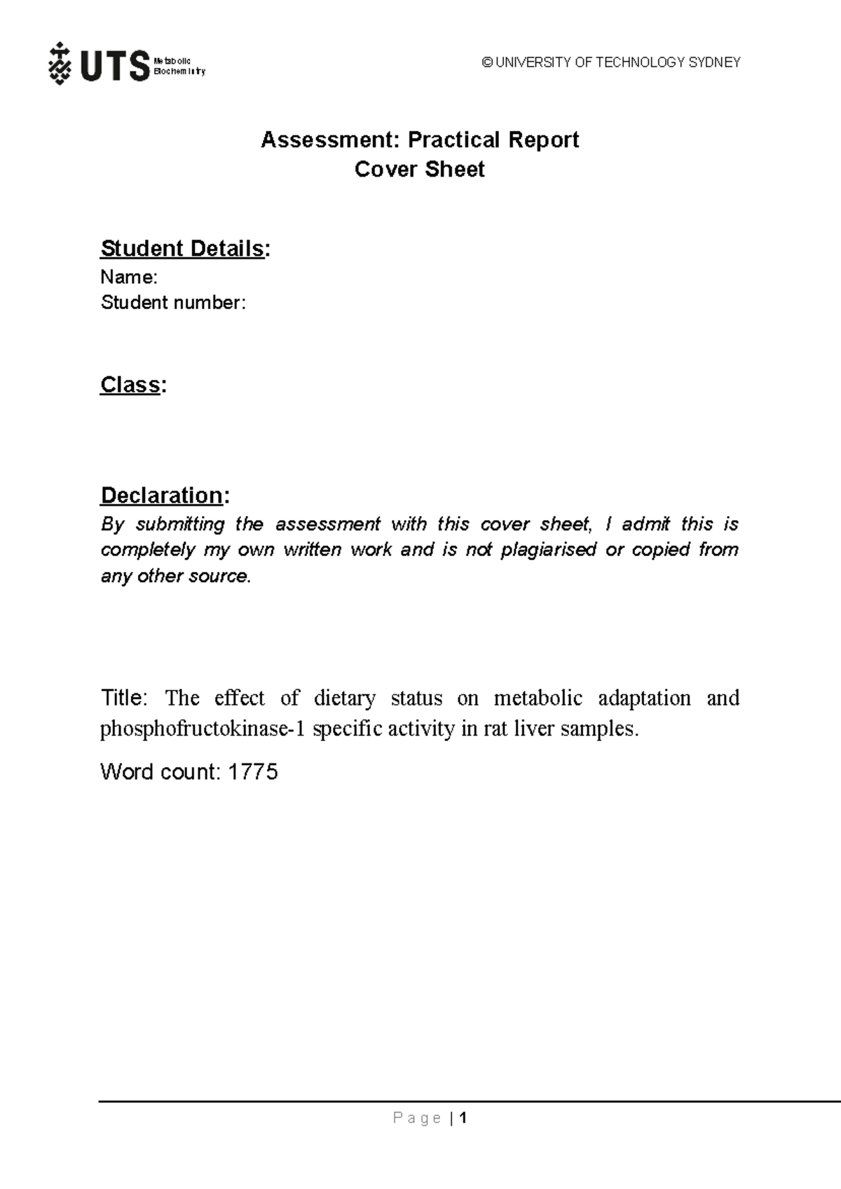 Prac report 2023 - 97/100 - Biochemistry © UNIVERSITY OF TECHNOLOGY ...