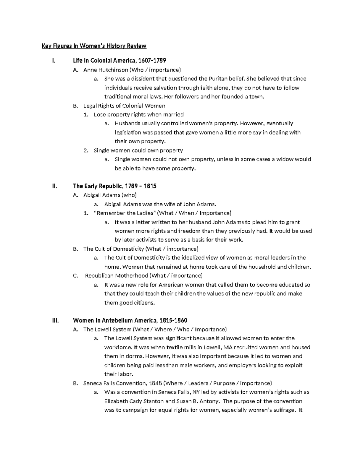 Women APUSH Review - Key Figures in Women’s History Review I. Life in ...