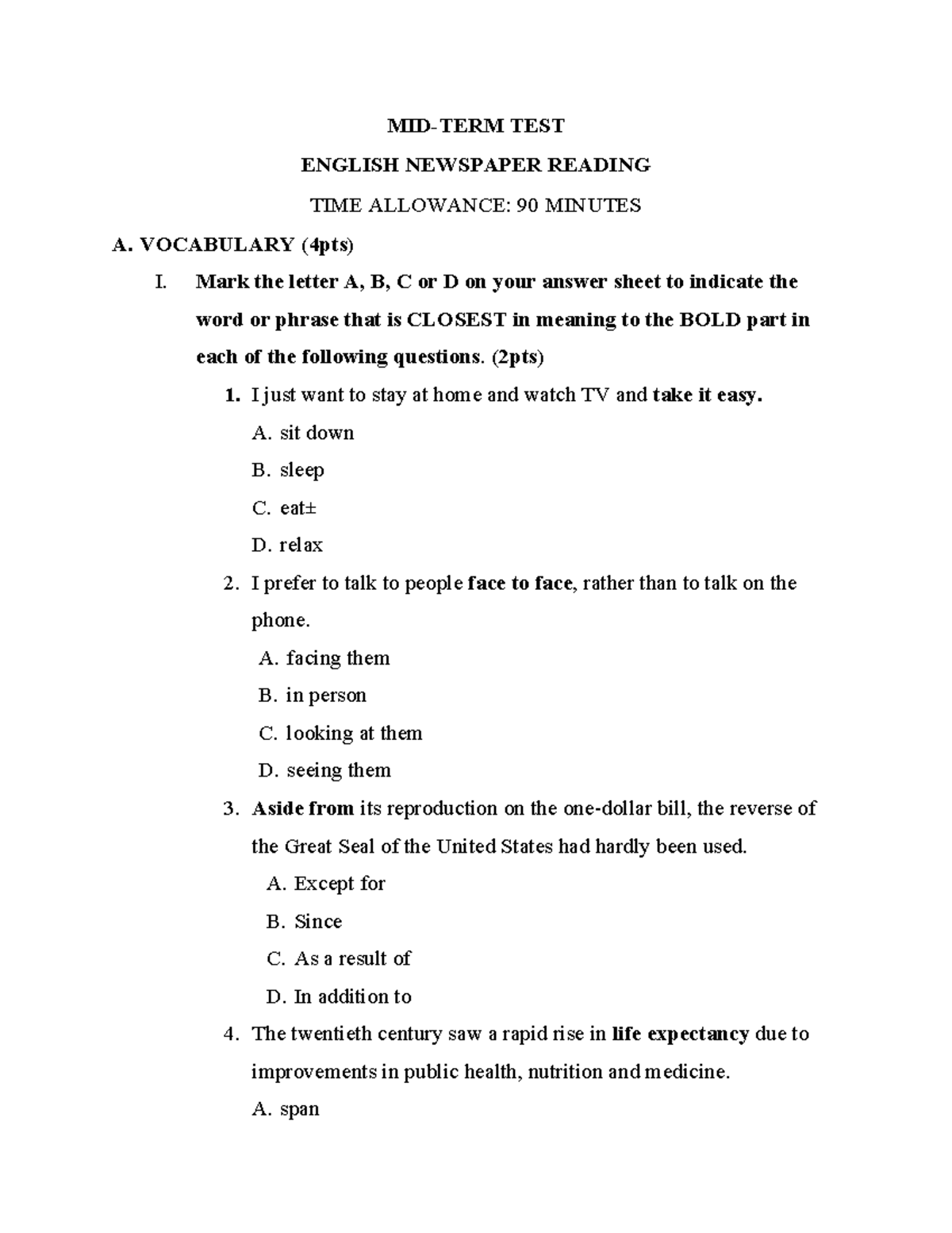 MID-TERM TEST - mmmm - MID-TERM TEST ENGLISH NEWSPAPER READING TIME ...