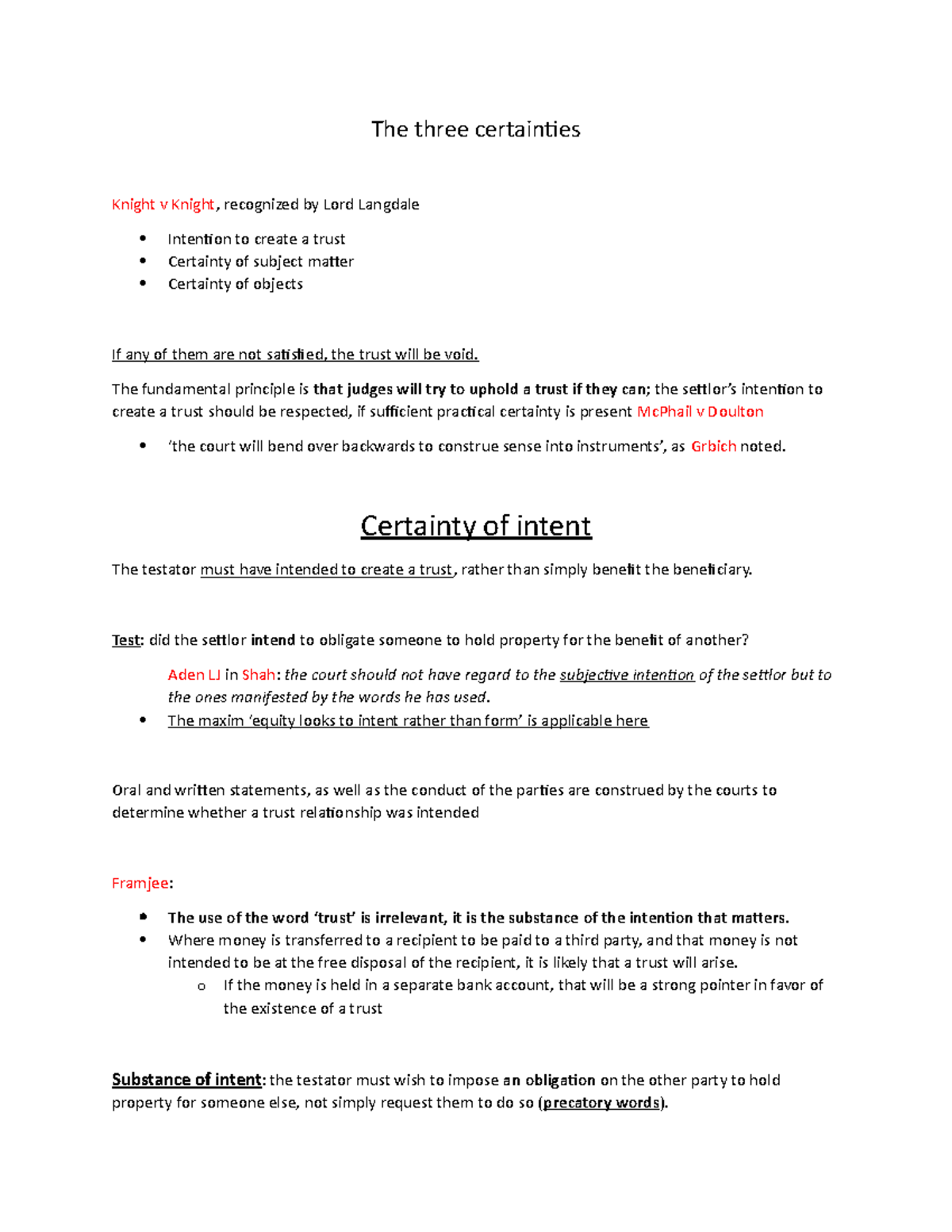 The three certainties - Equity and Trust Exam Notes - The three ...