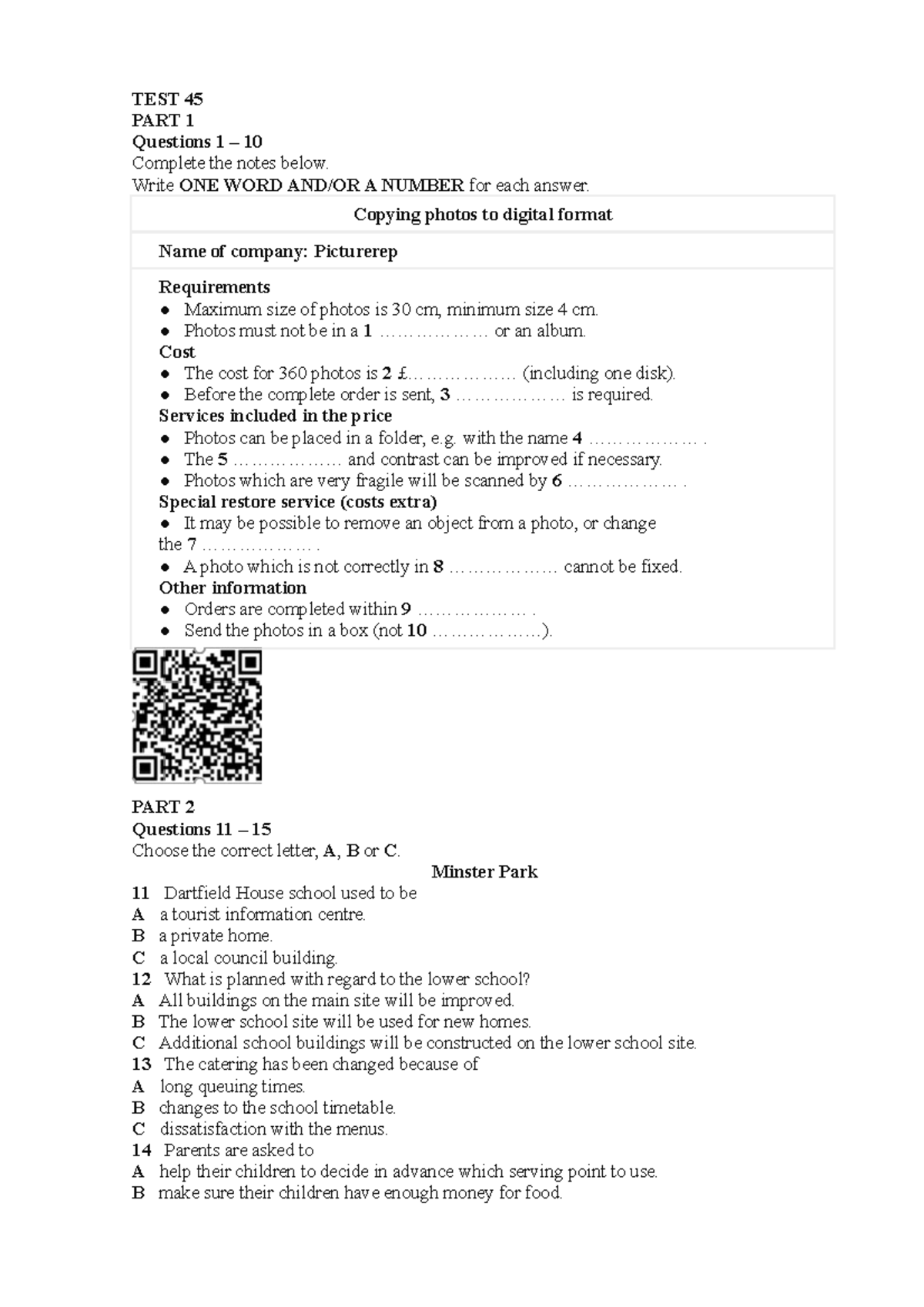 TEST 45 - rgawdfgdfhgfnh - TEST 45 PART 1 Questions 1 – 10 Complete the ...