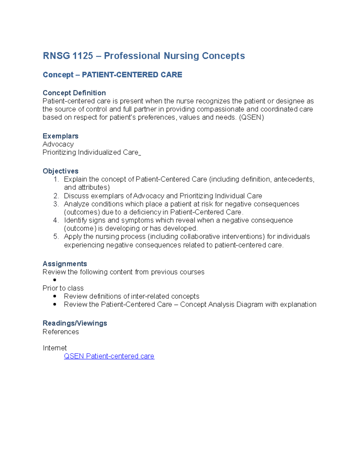 Syllabus Patient-Centered Care Student 6 - RNSG 1125 – Professional ...