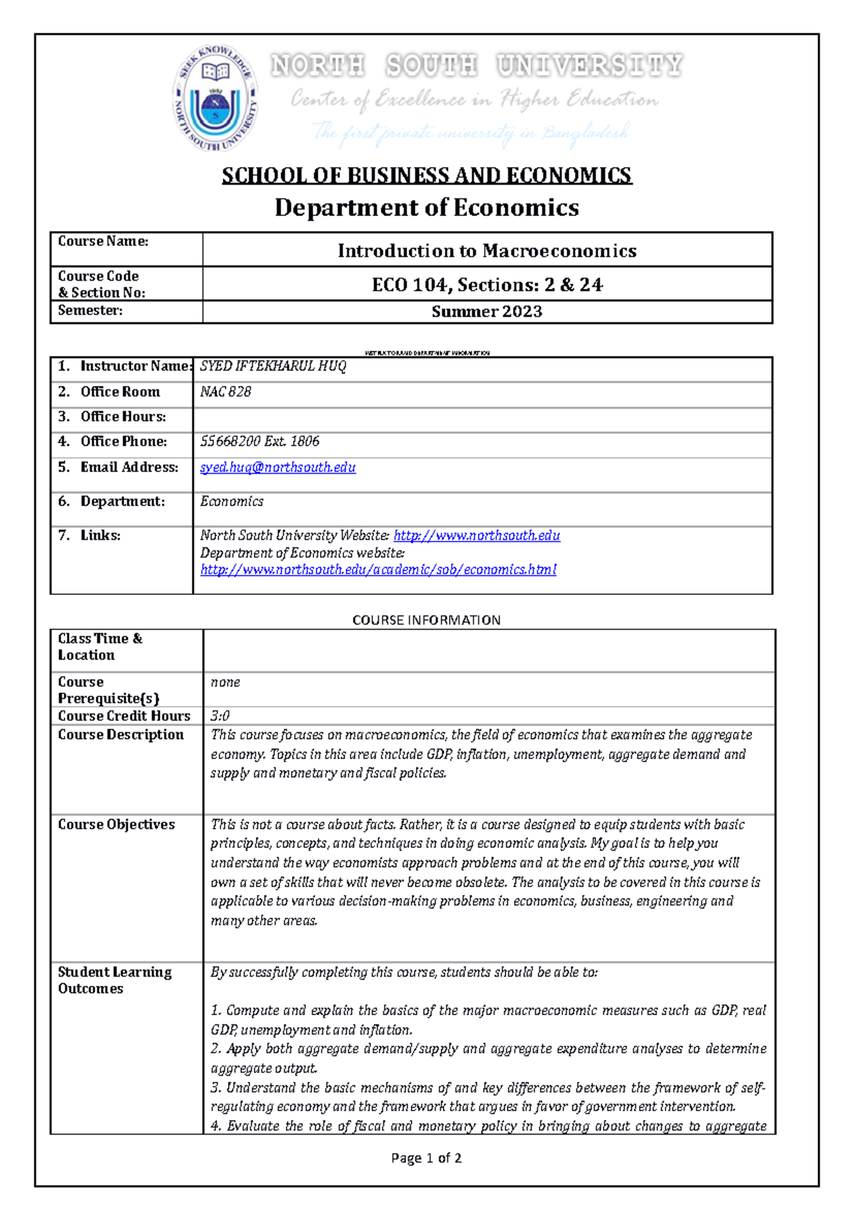 Summer 2023Eco104Outline - SCHOOL OF BUSINESS AND ECONOMICS Department ...