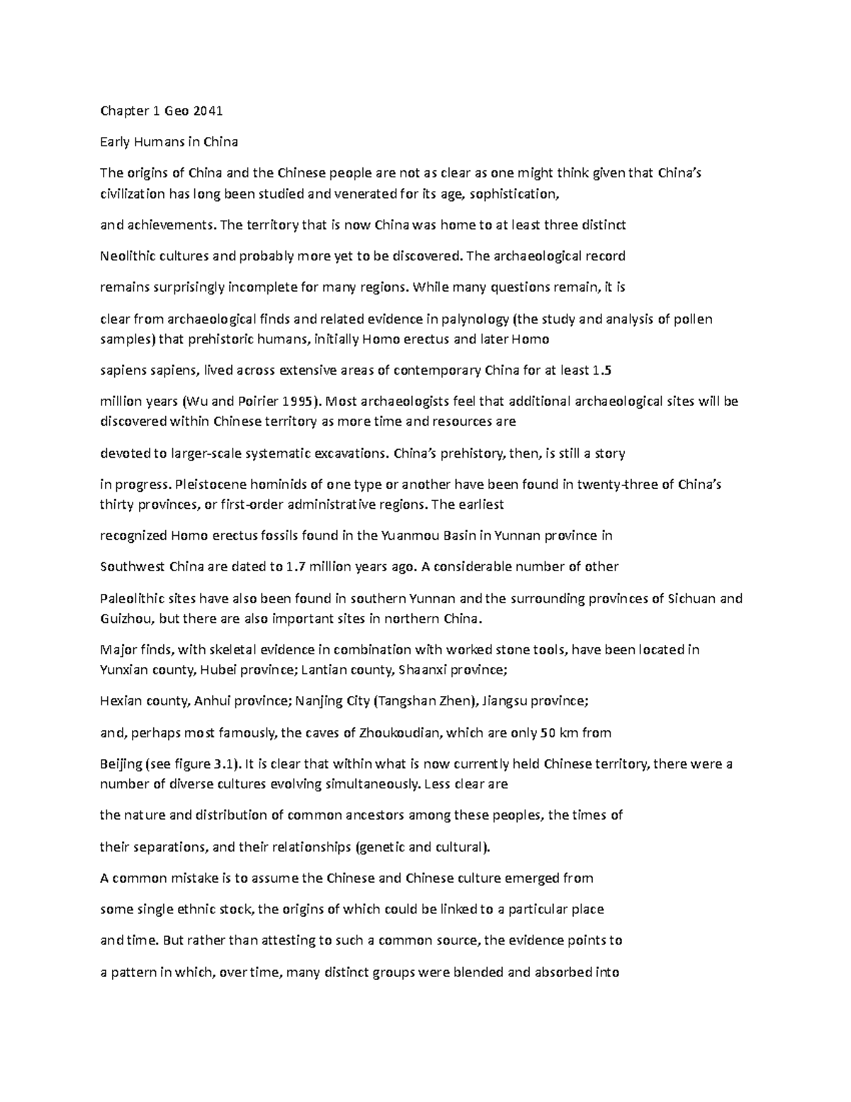 Chapter 1 Geo 2041 - Chapter 1 Geo 2041 Early Humans in China The ...