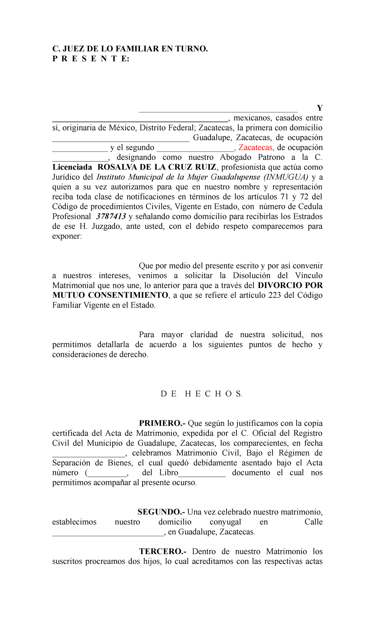 Formato Juicio de Divorcio Voluntario - C. JUEZ DE LO FAMILIAR EN TURNO ...
