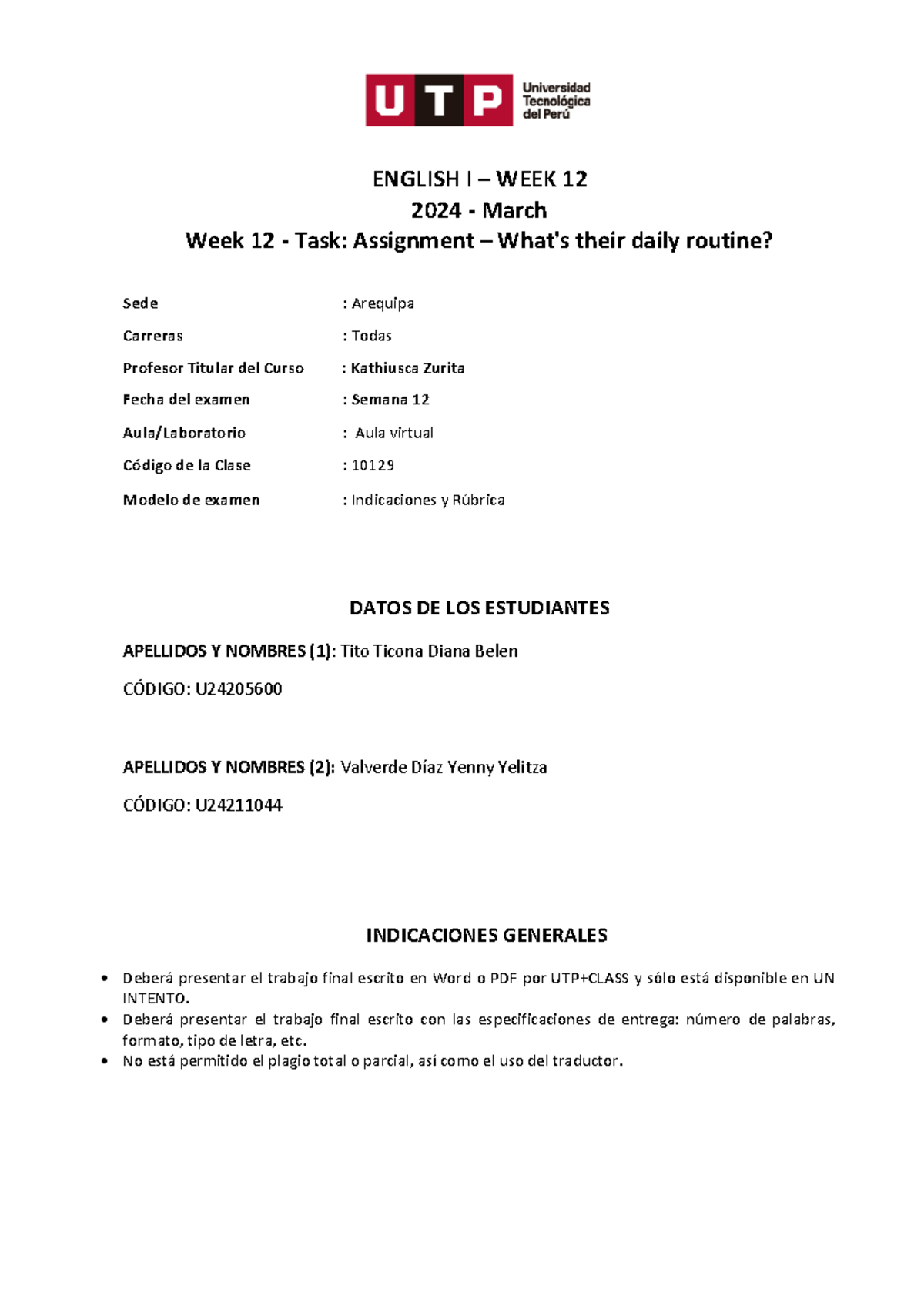 Week12 - ENGLISH I – WEEK 12 2024 - March Week 12 - Task: Assignment ...