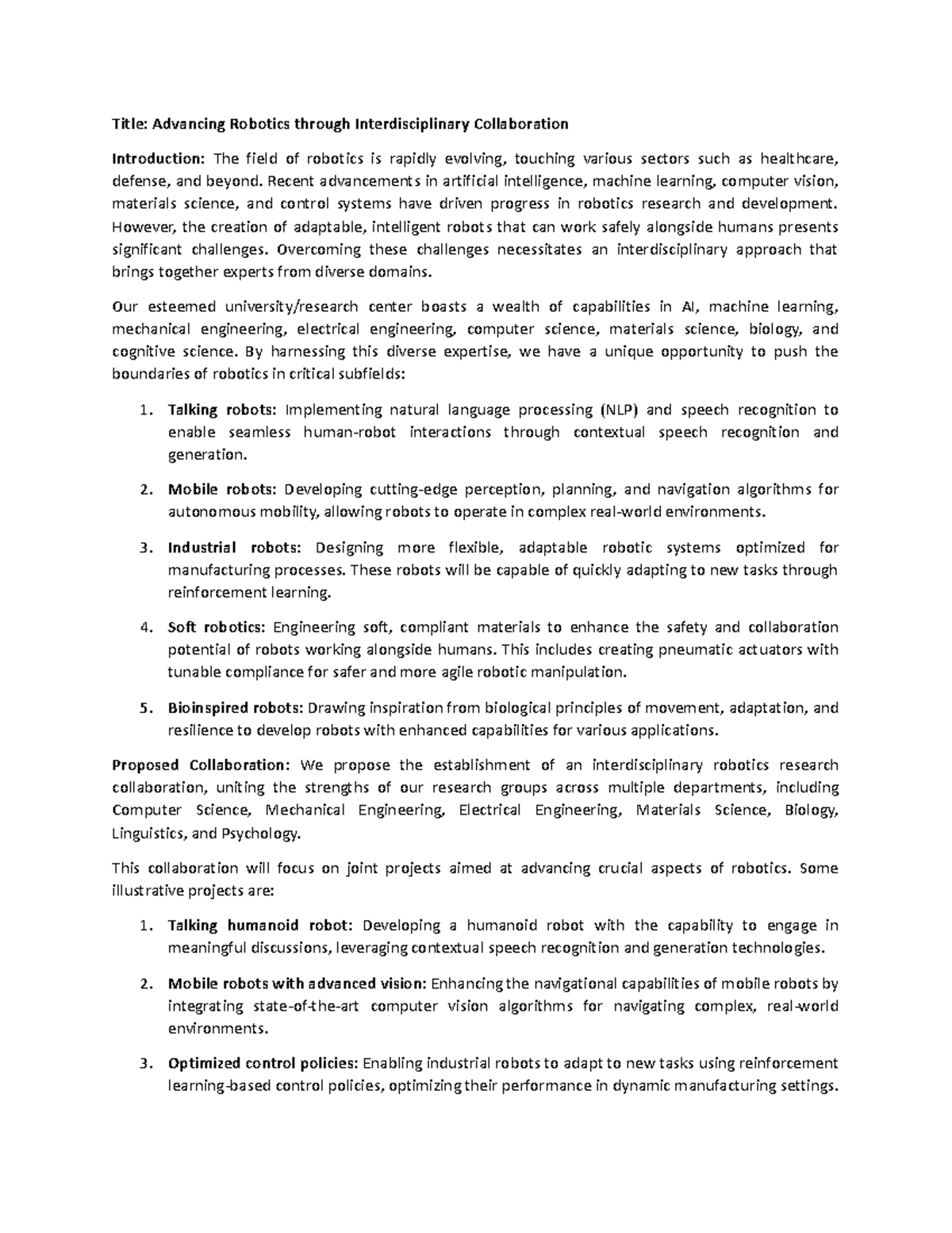 Proposal Robotic Collaboration - Title: Advancing Robotics through ...