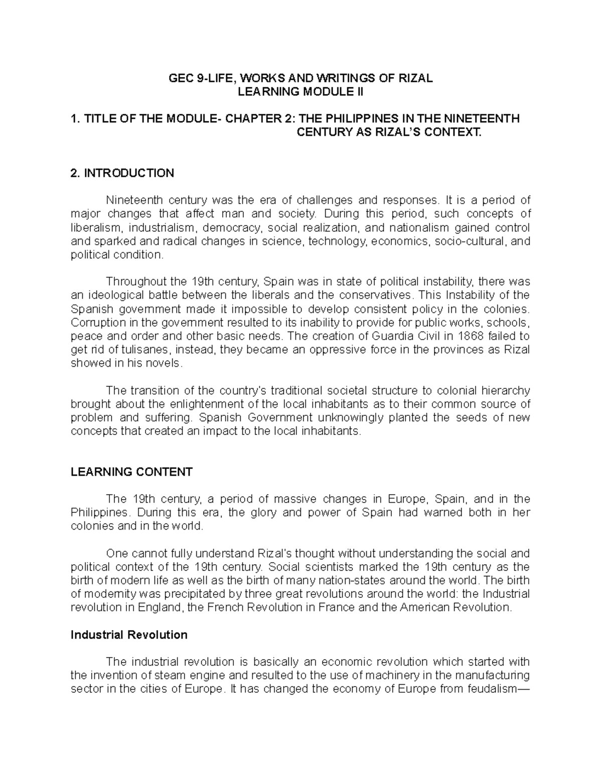 Module-2-Rizal - lesson - GEC 9-LIFE, WORKS AND WRITINGS OF RIZAL LEARNING MODULE II 1. TITLE OF ...