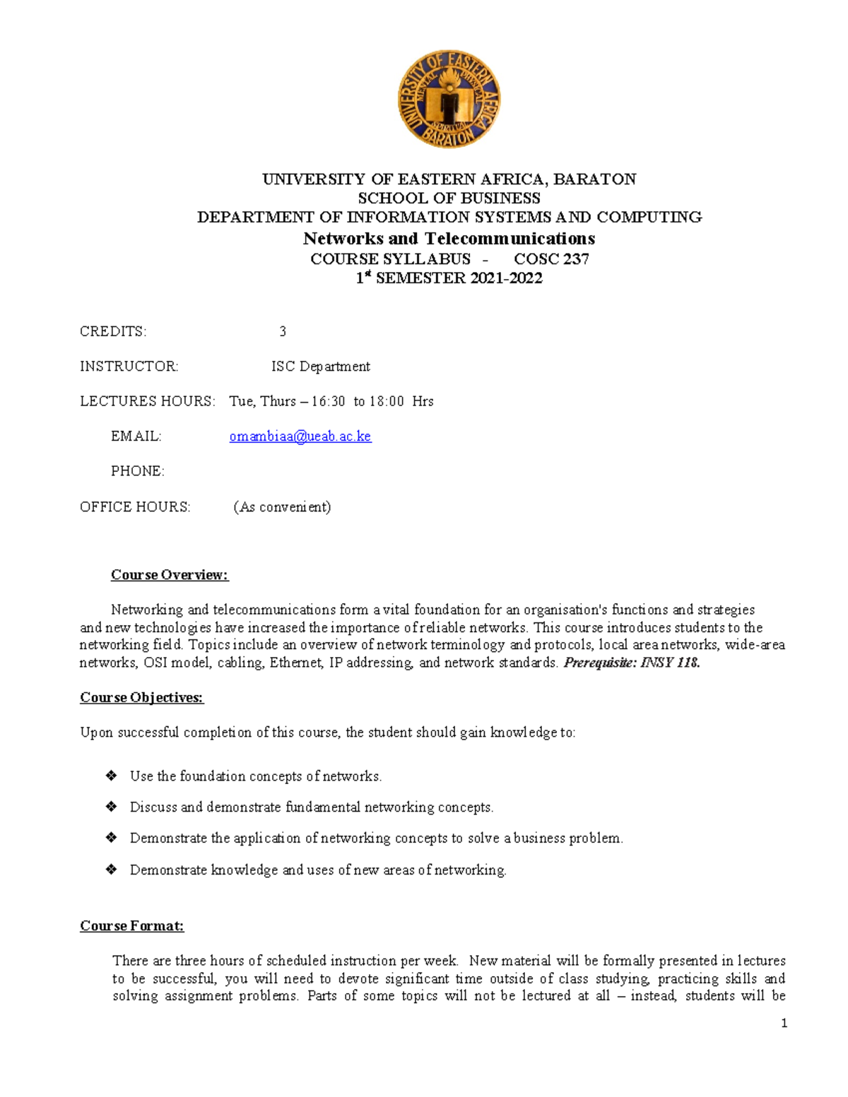 COSC 237 network and tele course outline 2018-19 1st semester ...