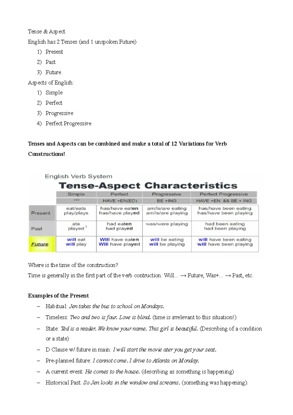 Introduction to T&A - Summary Tense and Aspect (Zeit und Aspekt ...