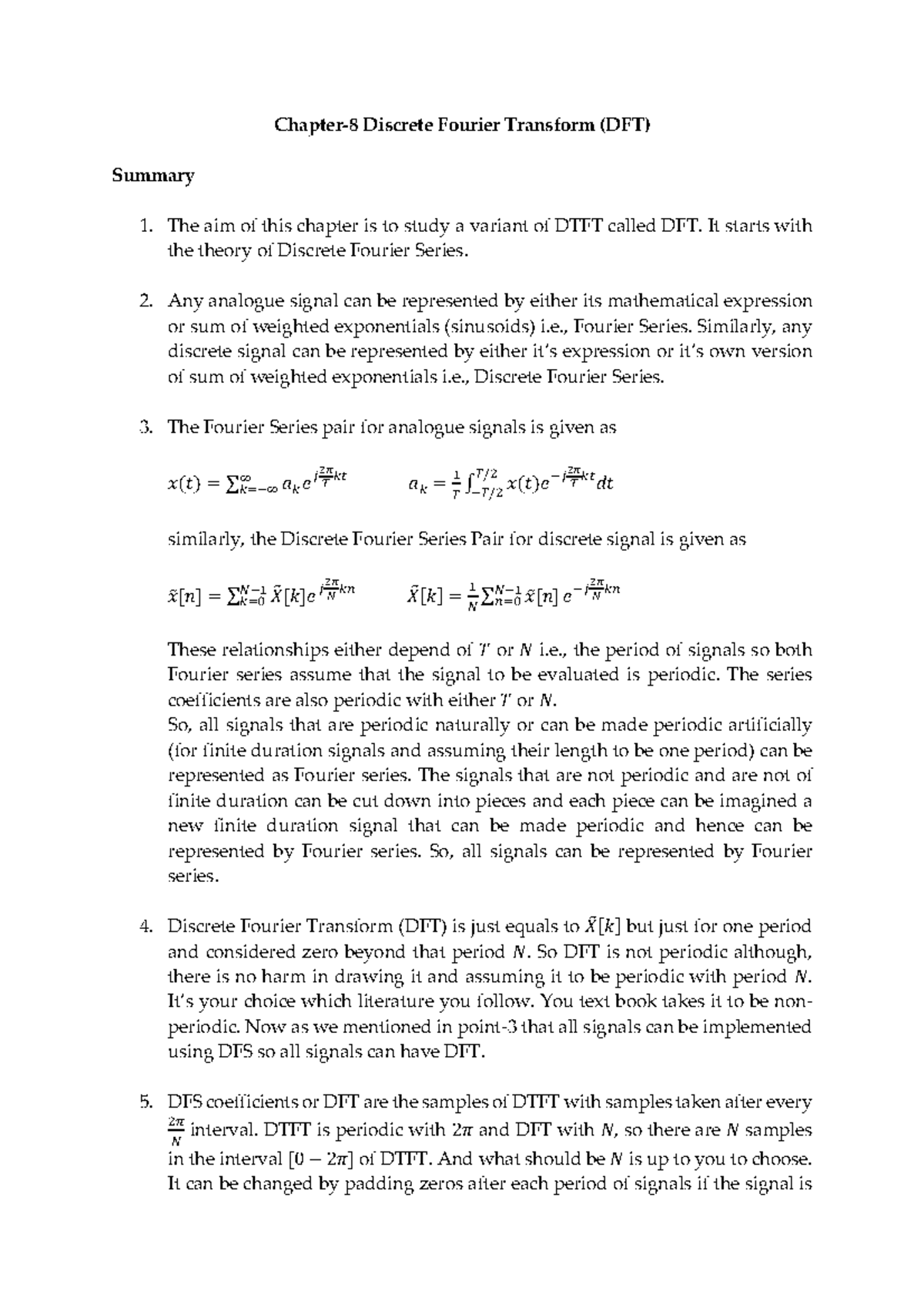 Summary CH8 - Chapter-8 Discrete Fourier Transform (DFT) Summary The ...