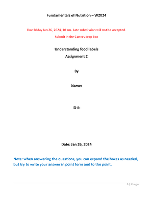 BIOL3650 Assignment 1 W2022 - Assignment 1 Food Label Literacy and ...