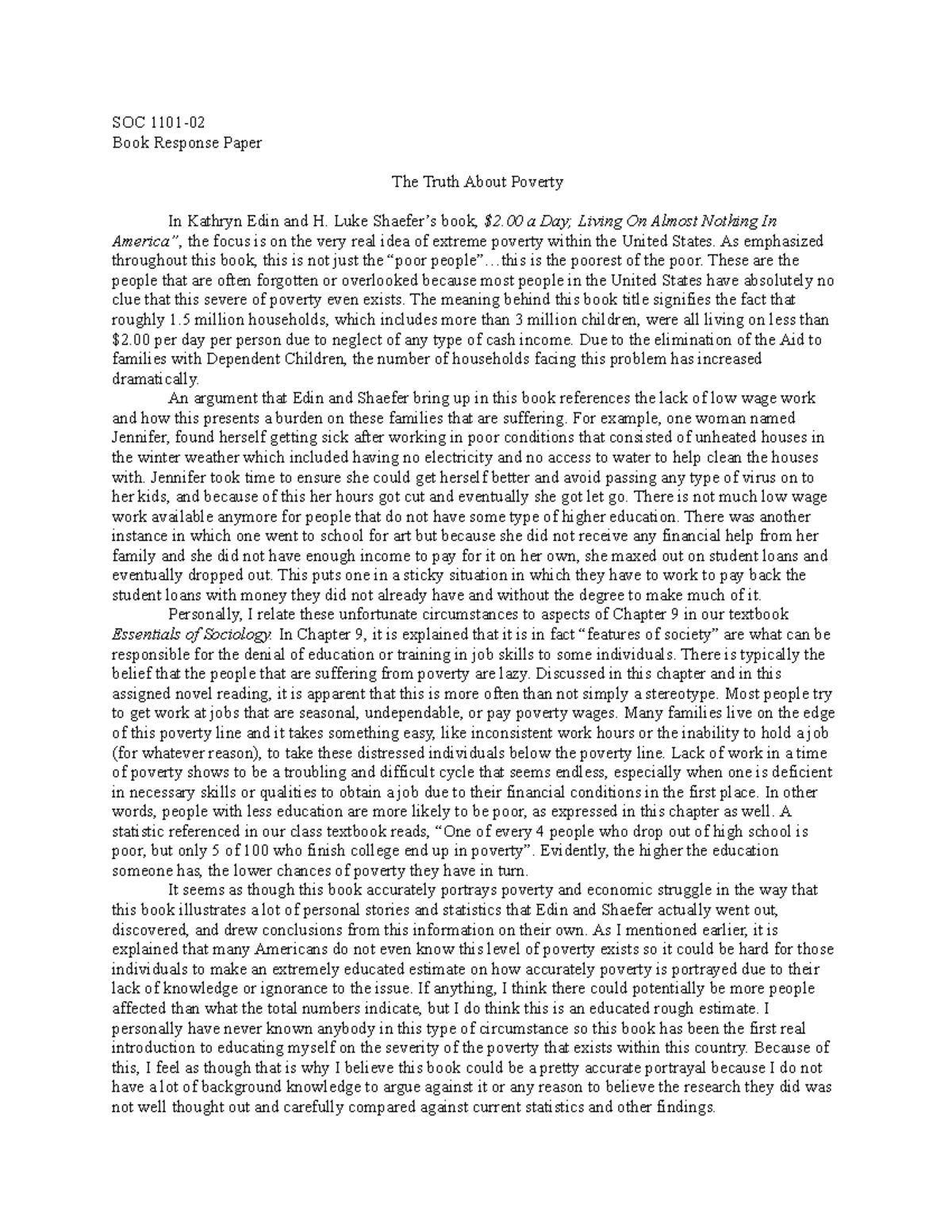 Book Response for '$2 a Day; Living On Almost Nothing in America' - SOC ...