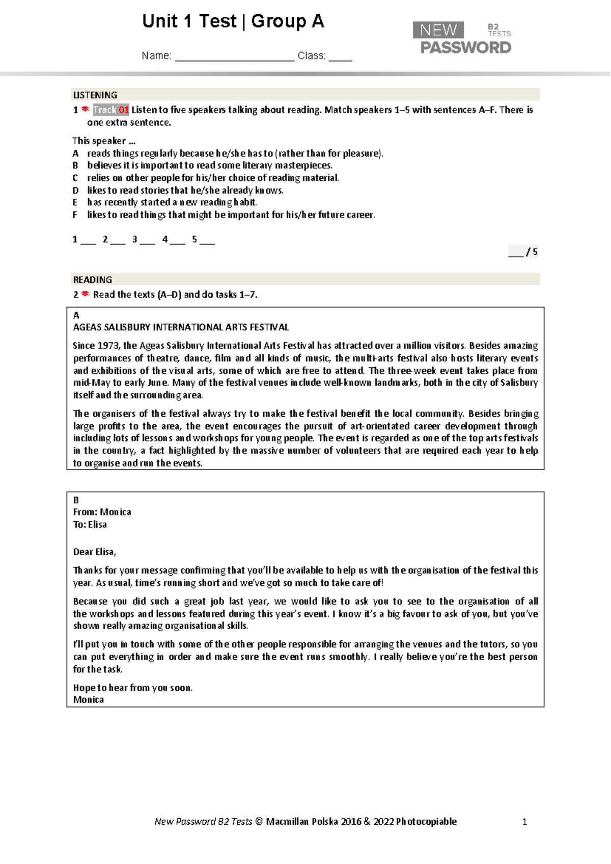 New Password B2 UT 1A - TESTY - Unit 1 Test | Group A Name ...