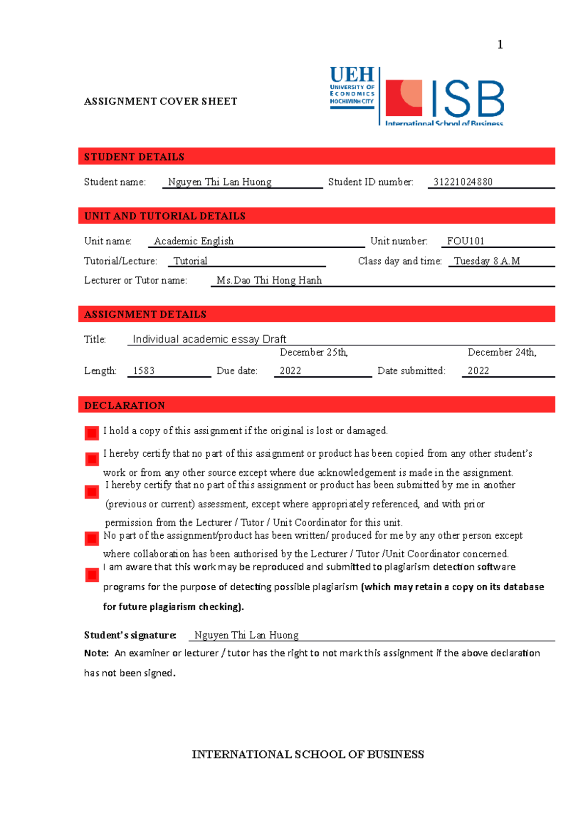 AEN06-G5- Nguyenthilanhuong draft - ASSIGNMENT COVER SHEET STUDENT ...