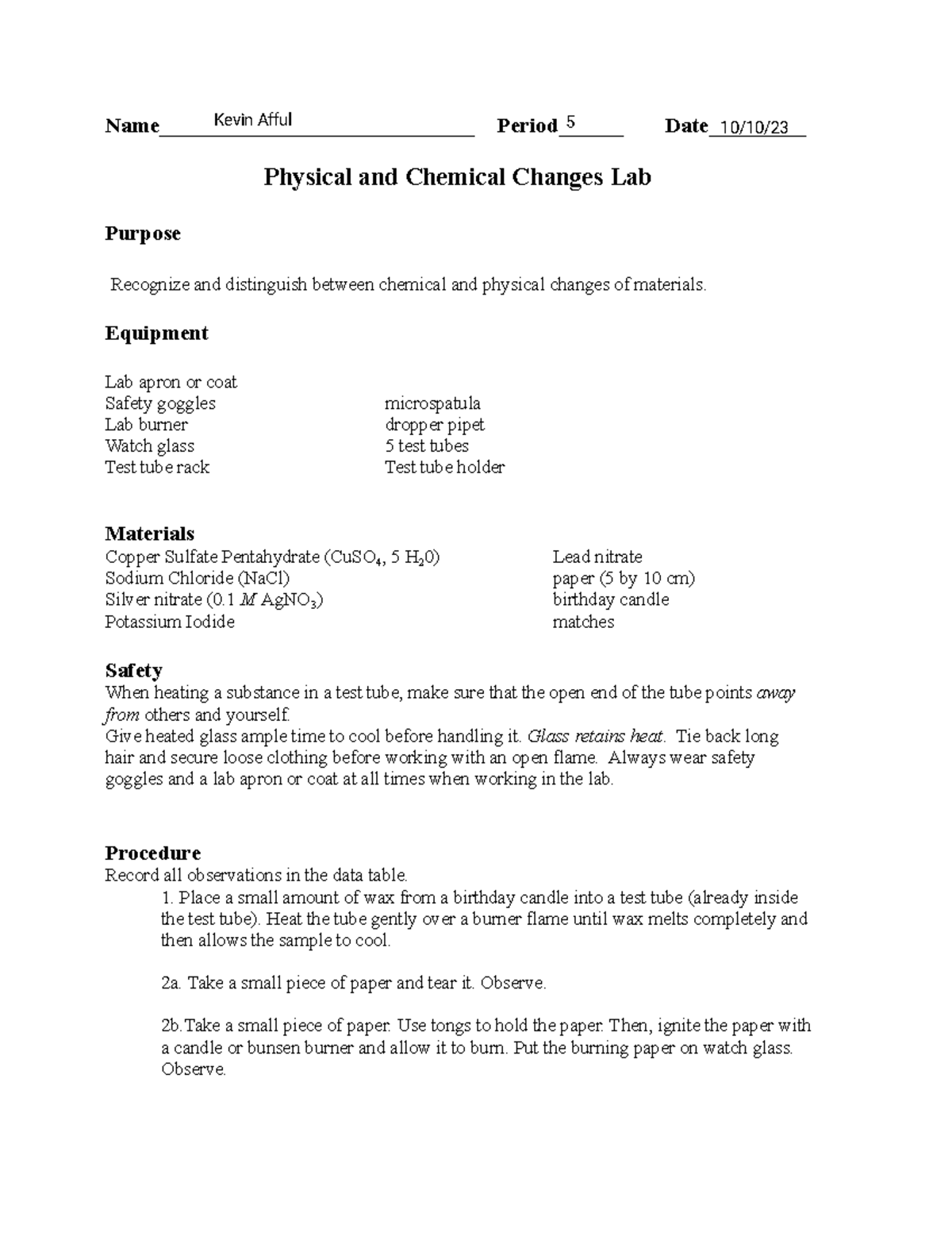 Physical and Chemical changes Lab 2022 - Name ...