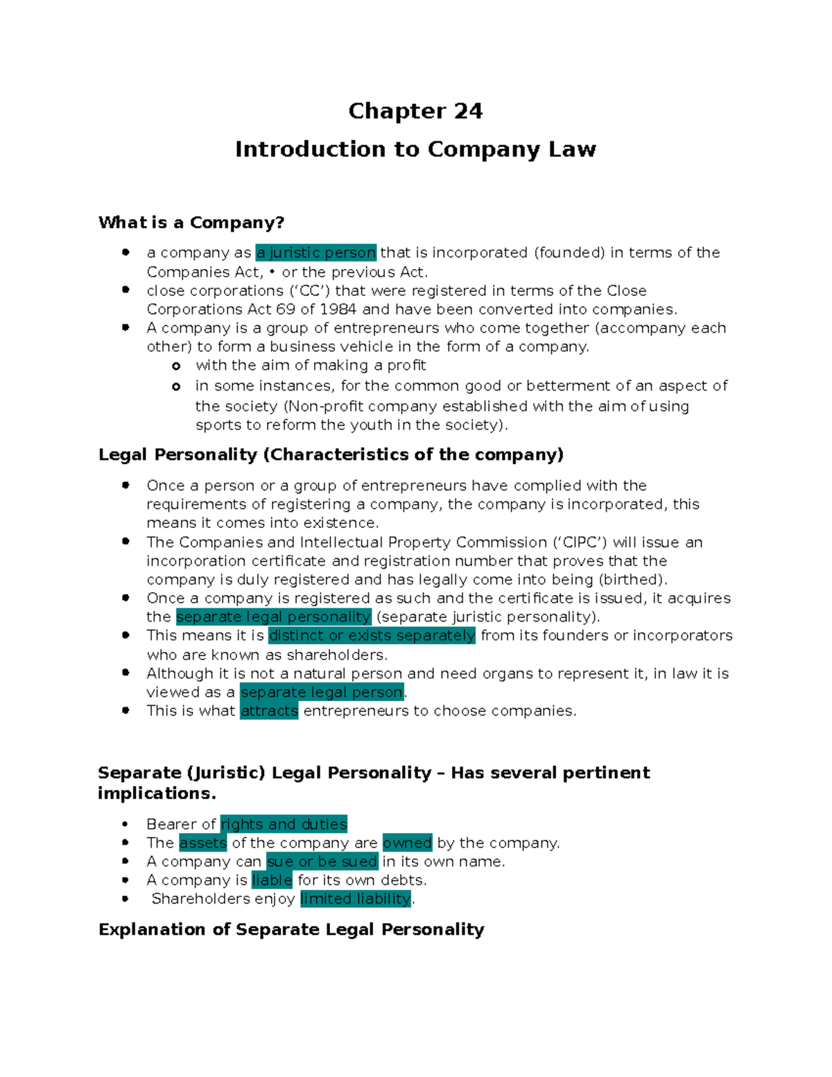 Chapter 24 - Summary Business law - Chapter 24 Introduction to Company ...
