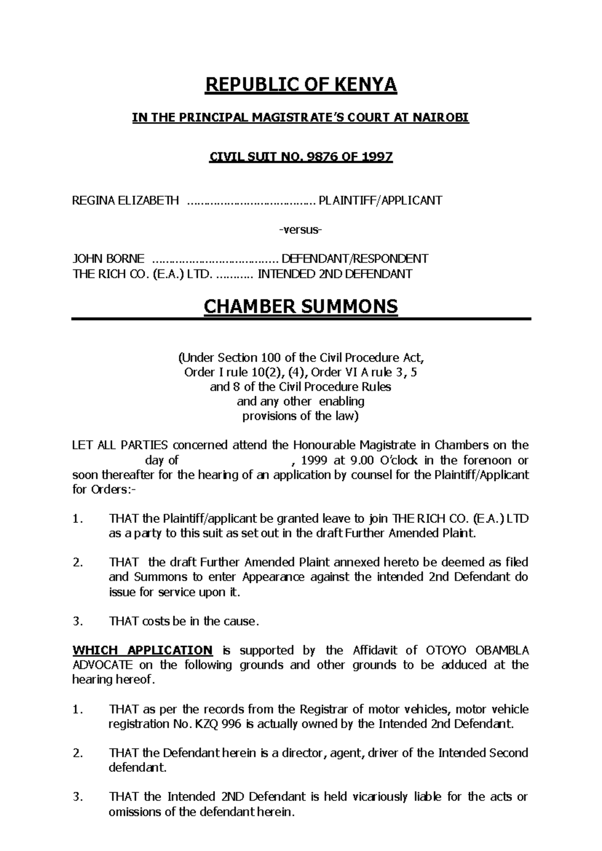 Joinder of Plaintiff - order 1 rule 1 - REPUBLIC OF KENYA IN THE ...