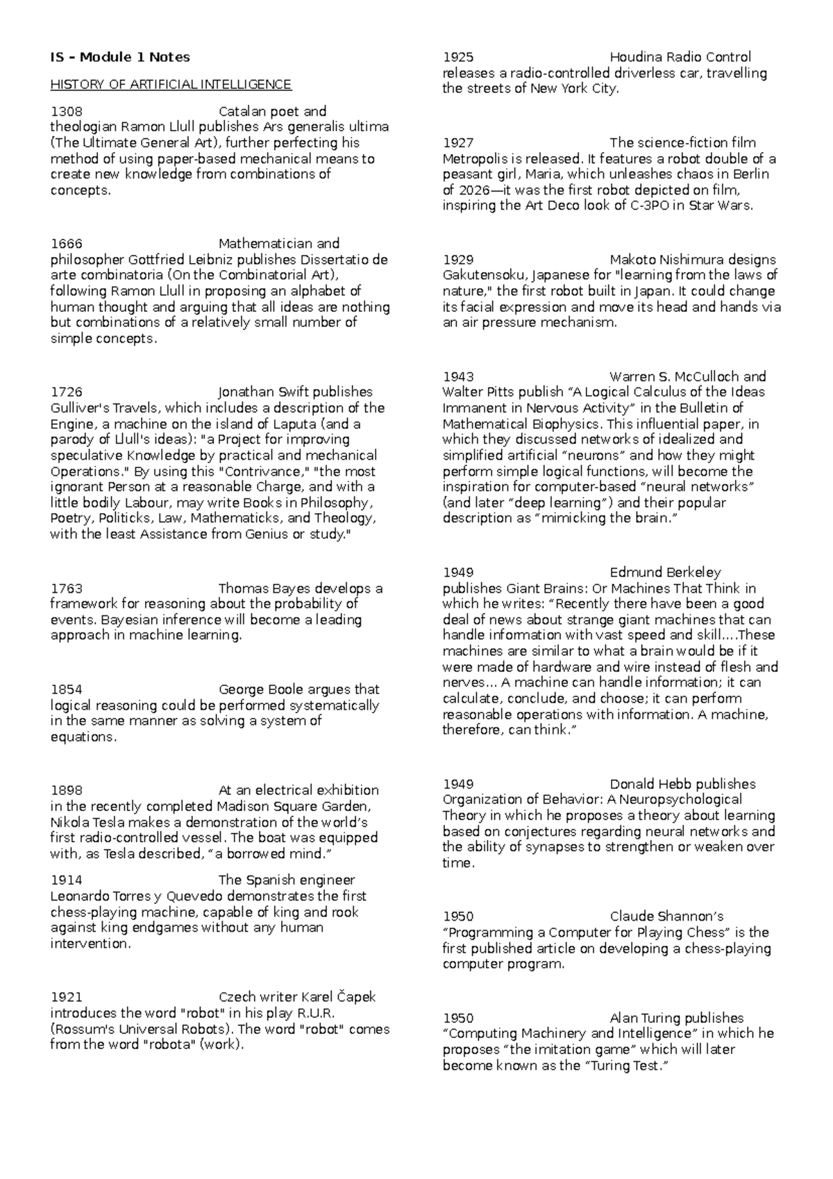 AI Module 1 Notes - IS – Module 1 Notes HISTORY OF ARTIFICIAL ...