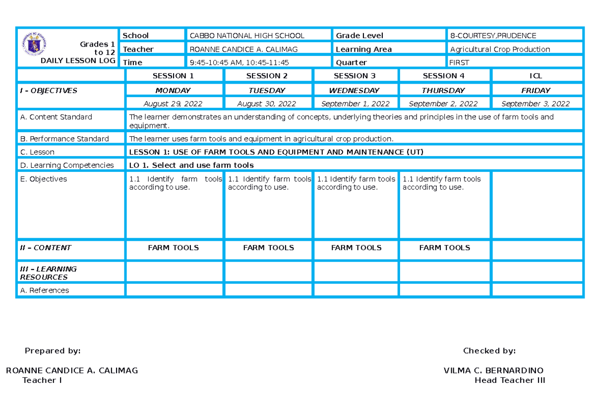 Agricrops Production - exam - Grades 1 to 12 DAILY LESSON LOG School ...
