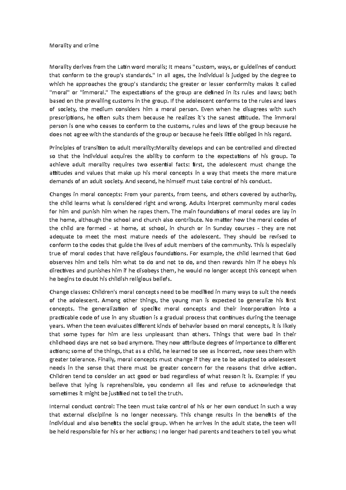 Morality and crime - Lecture notes 10 - Morality and crime Morality ...