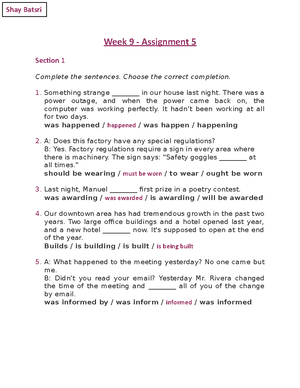 Week 7. Assignment 4 - Week 7 - Assignment 4 Section 1 Complete the sentences. Choose the ...