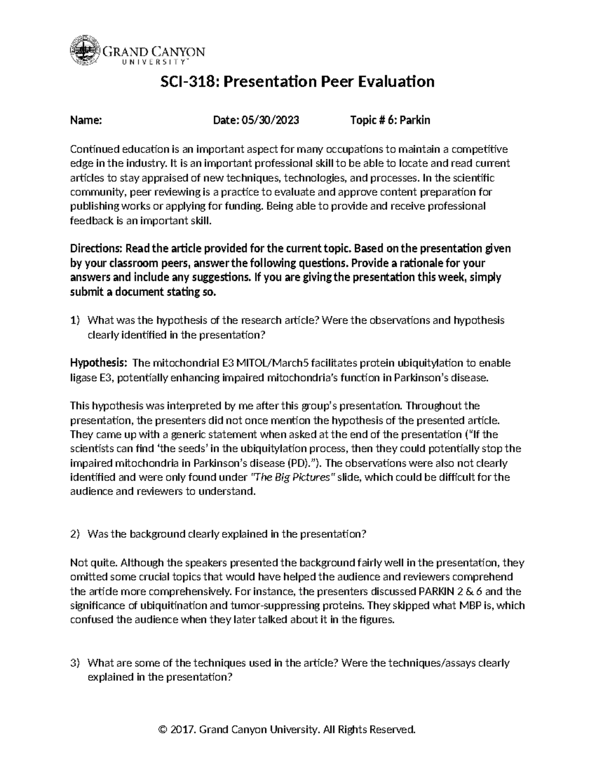 PEER EVAL NO. 2 - in-class peer review - SCI-318: Presentation Peer ...