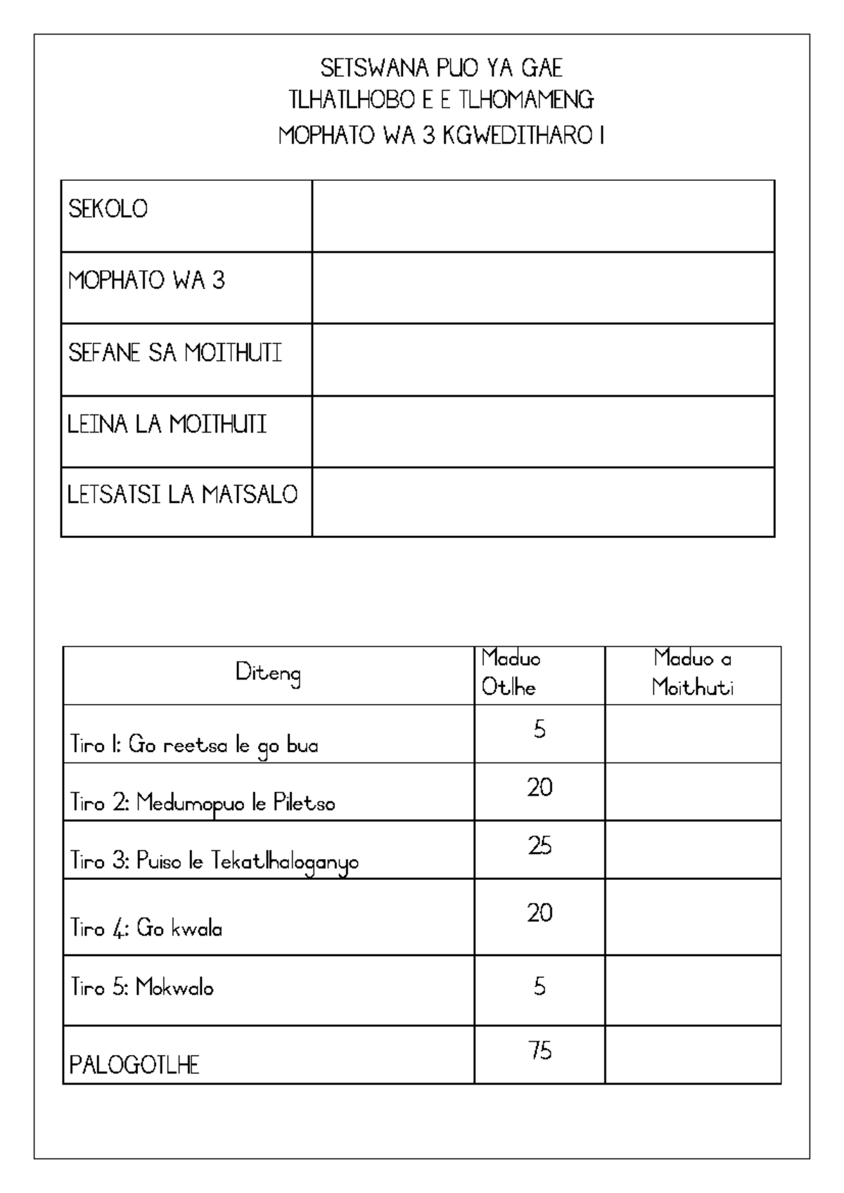 Setswana HL Grade 3 Term 1 Task 2024 - SETSWANA PUO YA GAE TLHATLHOBO E ...