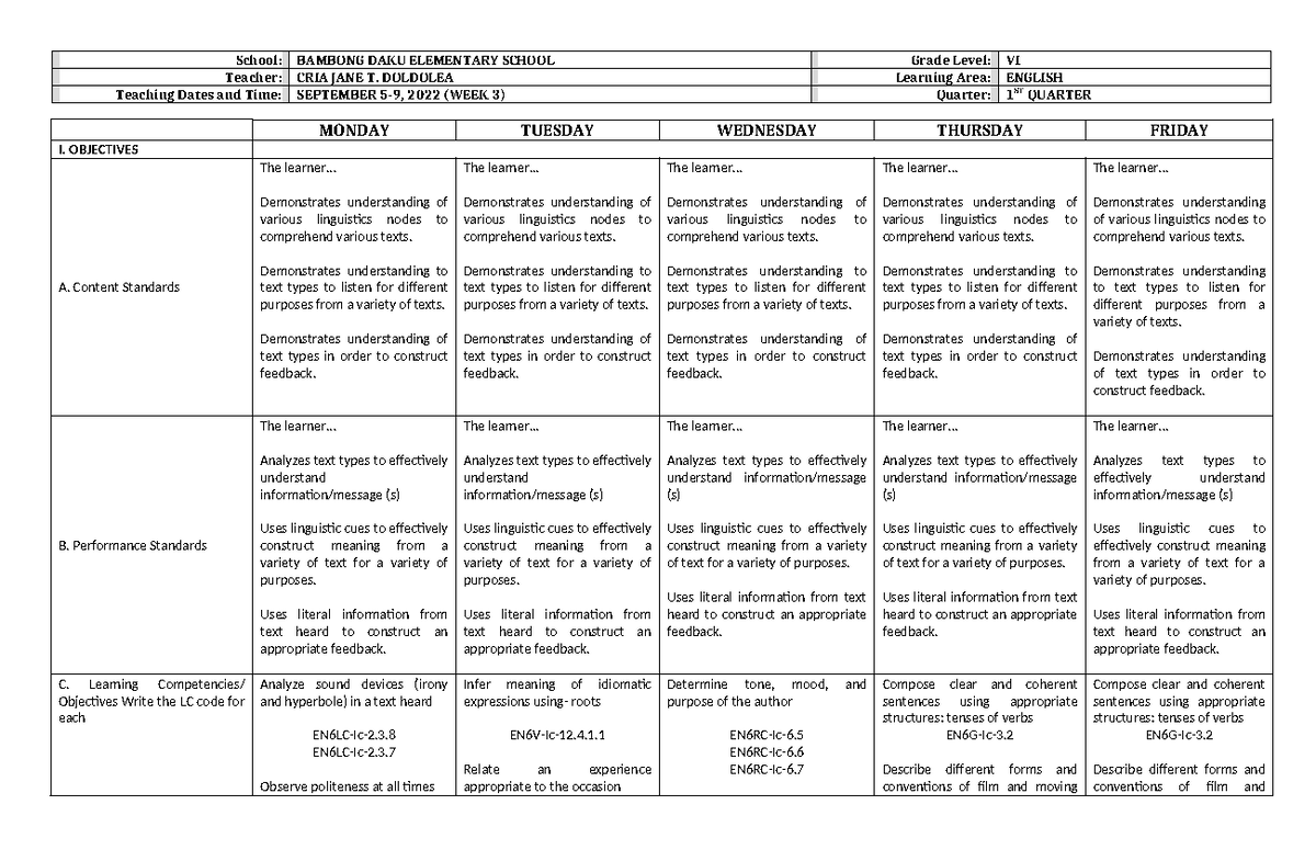 DLL English W3 - LECTURE NOTES - School: BAMBONG DAKU ELEMENTARY SCHOOL ...