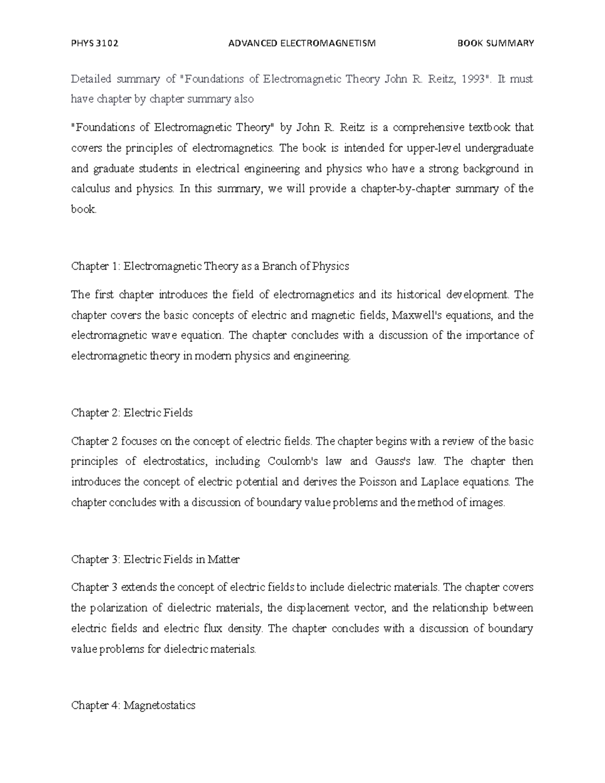 Detailed Summary Of Foundations Of Electromagnetic Theory John R Reitz 1993 Detailed Summary 