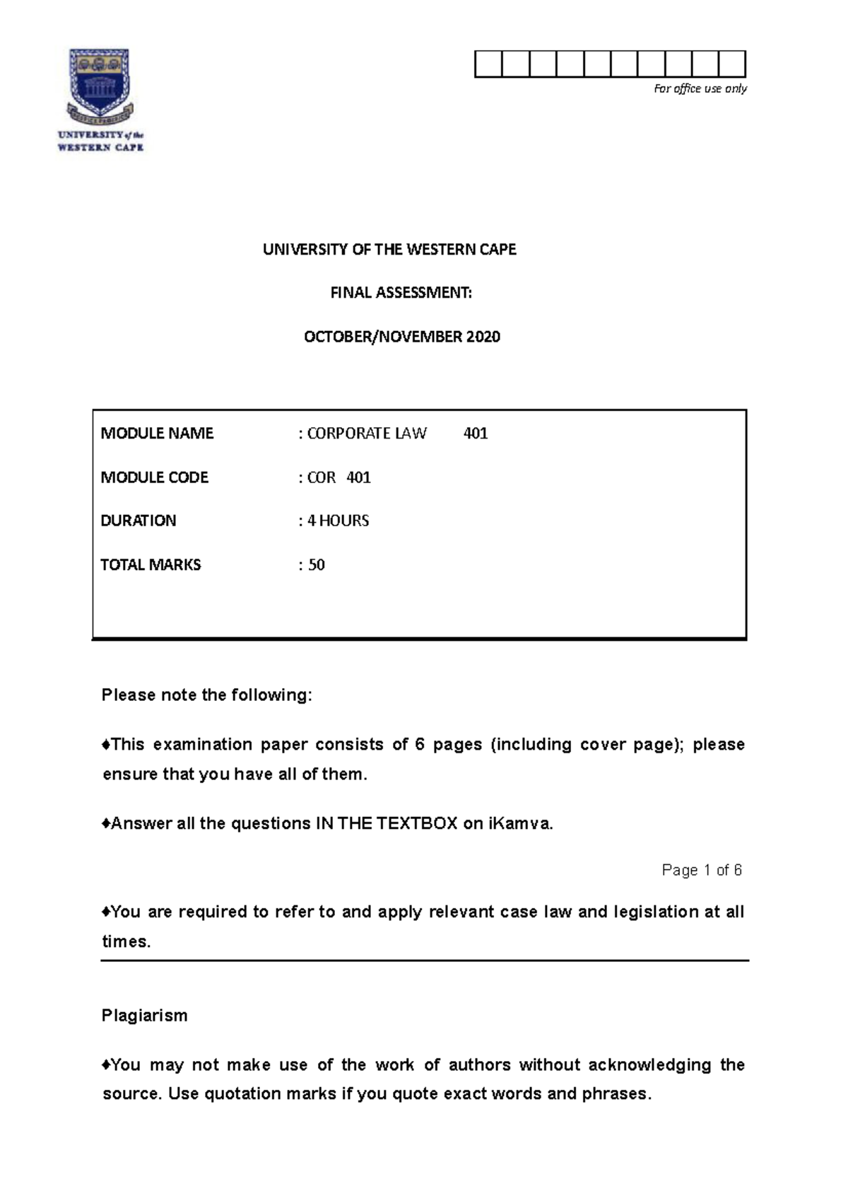COR401 2020 past paper - Examiner/s Internal moderator External ...