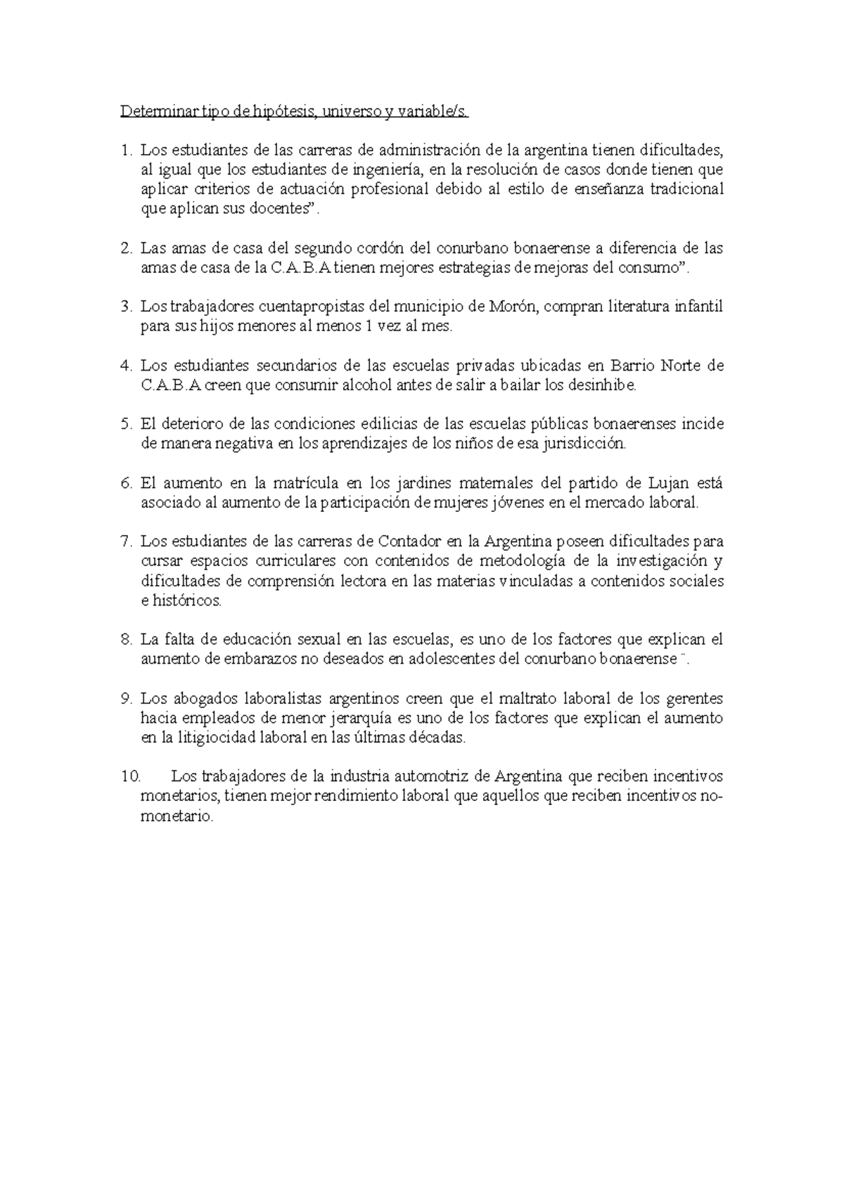 Ejercicio Hipotesis para practicar - Determinar tipo de hipótesis ...