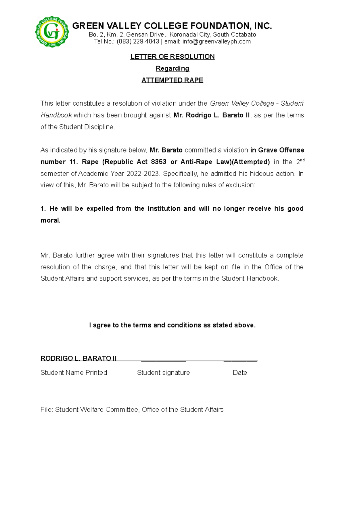 Letter-OF- Resolution - GREEN VALLEY COLLEGE FOUNDATION, INC. Bo. 2, Km ...