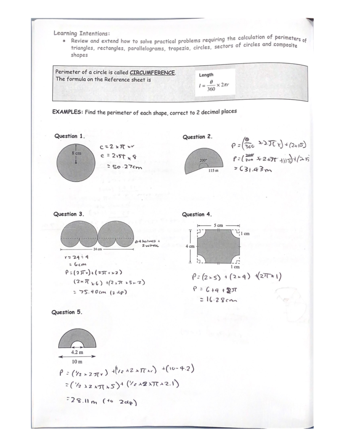 Circumference Booklet Questions - Learning Intentions: Review and ...