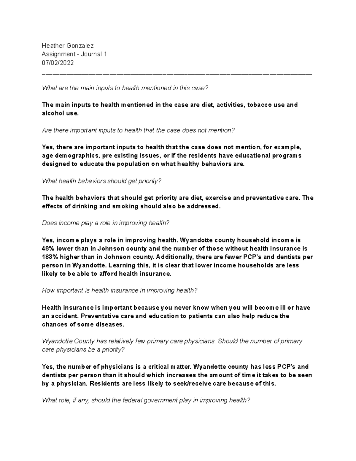 Healthcare Economics Journal 1 - Heather Gonzalez Assignment - Journal ...