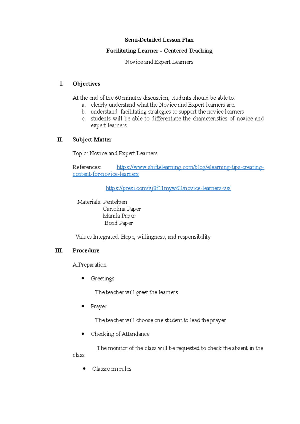 Novice and Expert Learners Semi-detailed Lesson Plan - Semi-Detailed ...