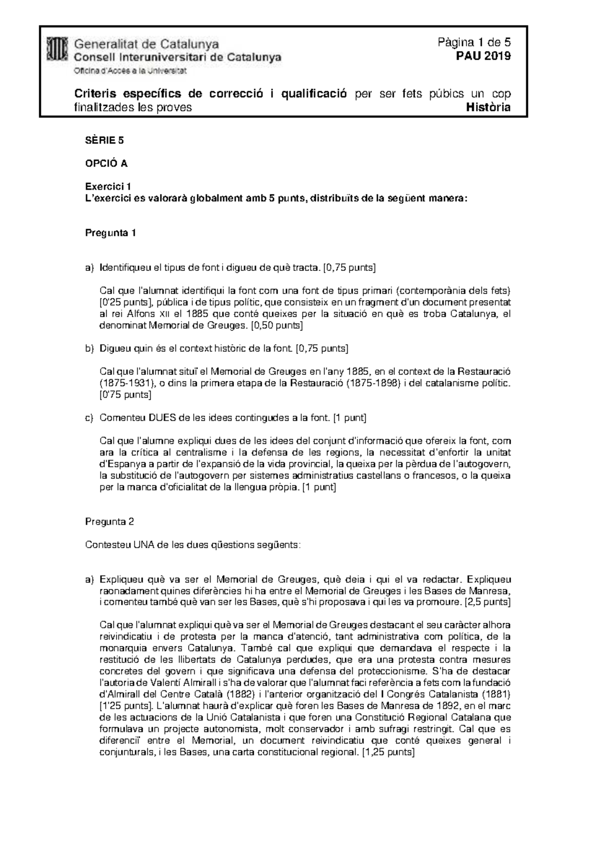 Examen resuelto selectividad PAU Historia Cataluña 2019 septiembre ...
