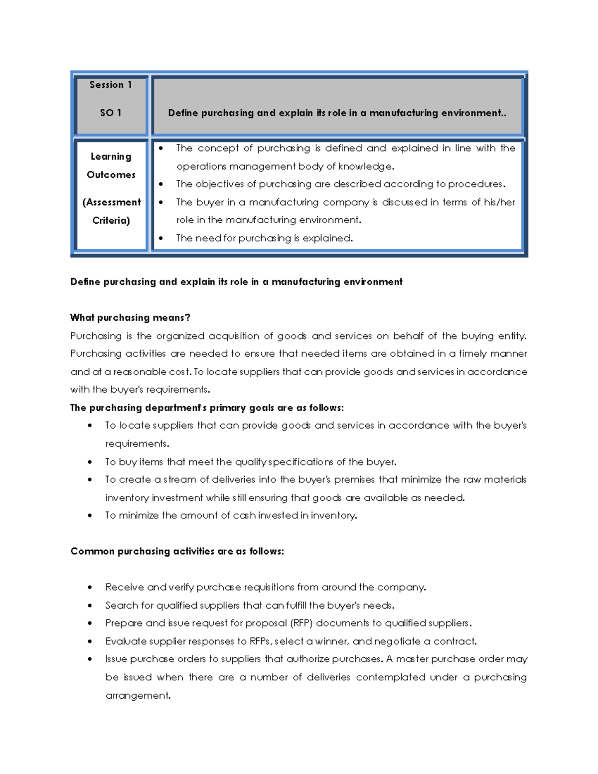 Define purchasing and explain its role in a manufacturing environment ...