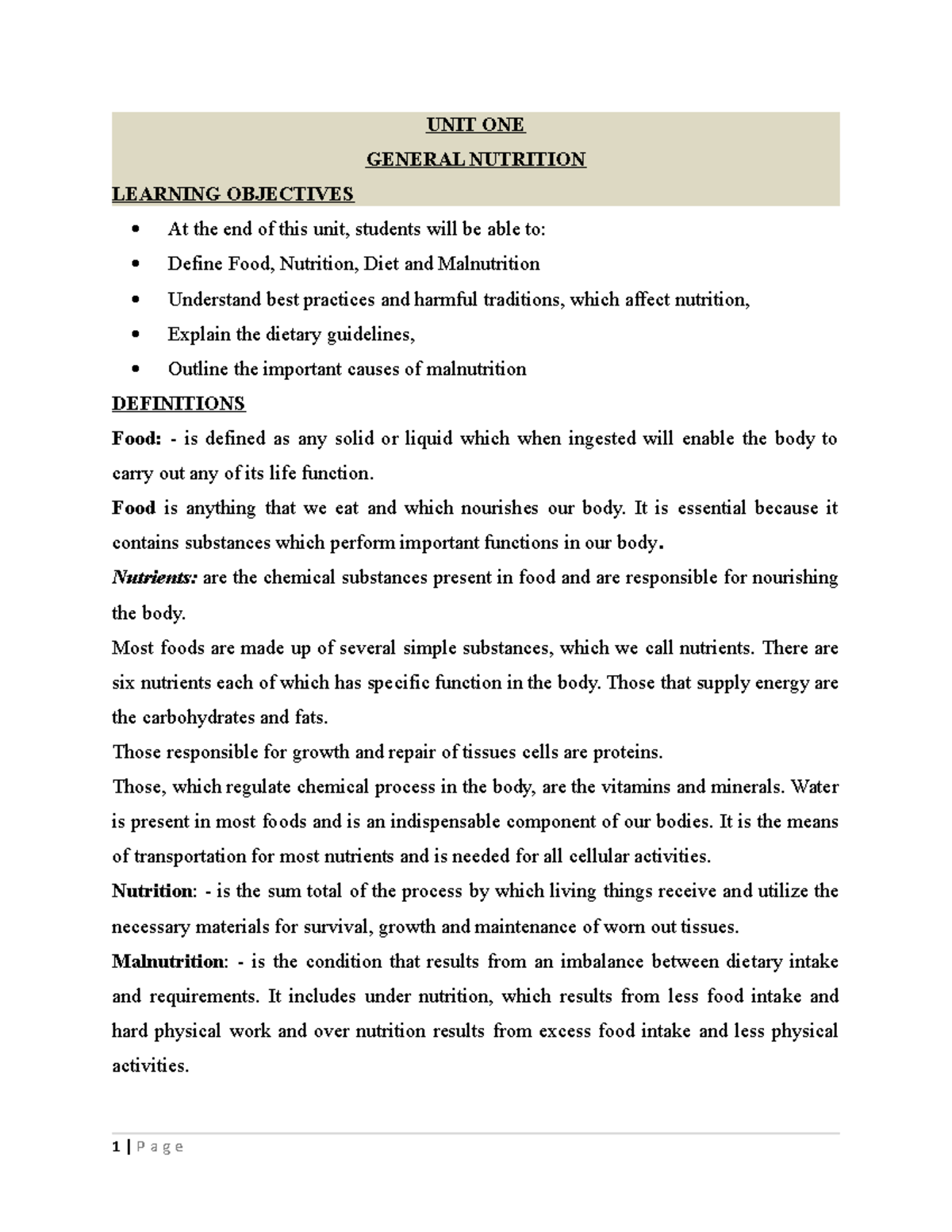 Basic Nutrition - UNIT ONE GENERAL NUTRITION LEARNING OBJECTIVES At the ...