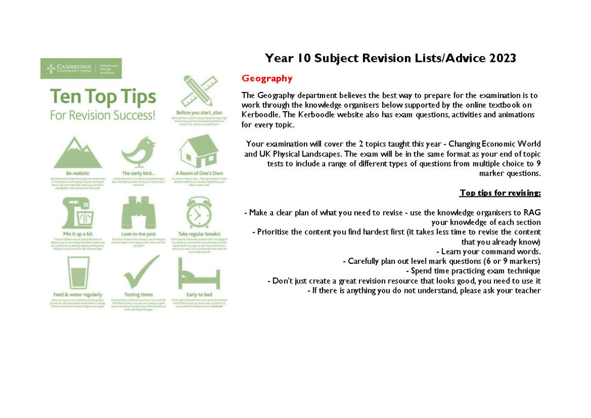 Geography - revision tips, linked websites plus key vocab for Y10 ...
