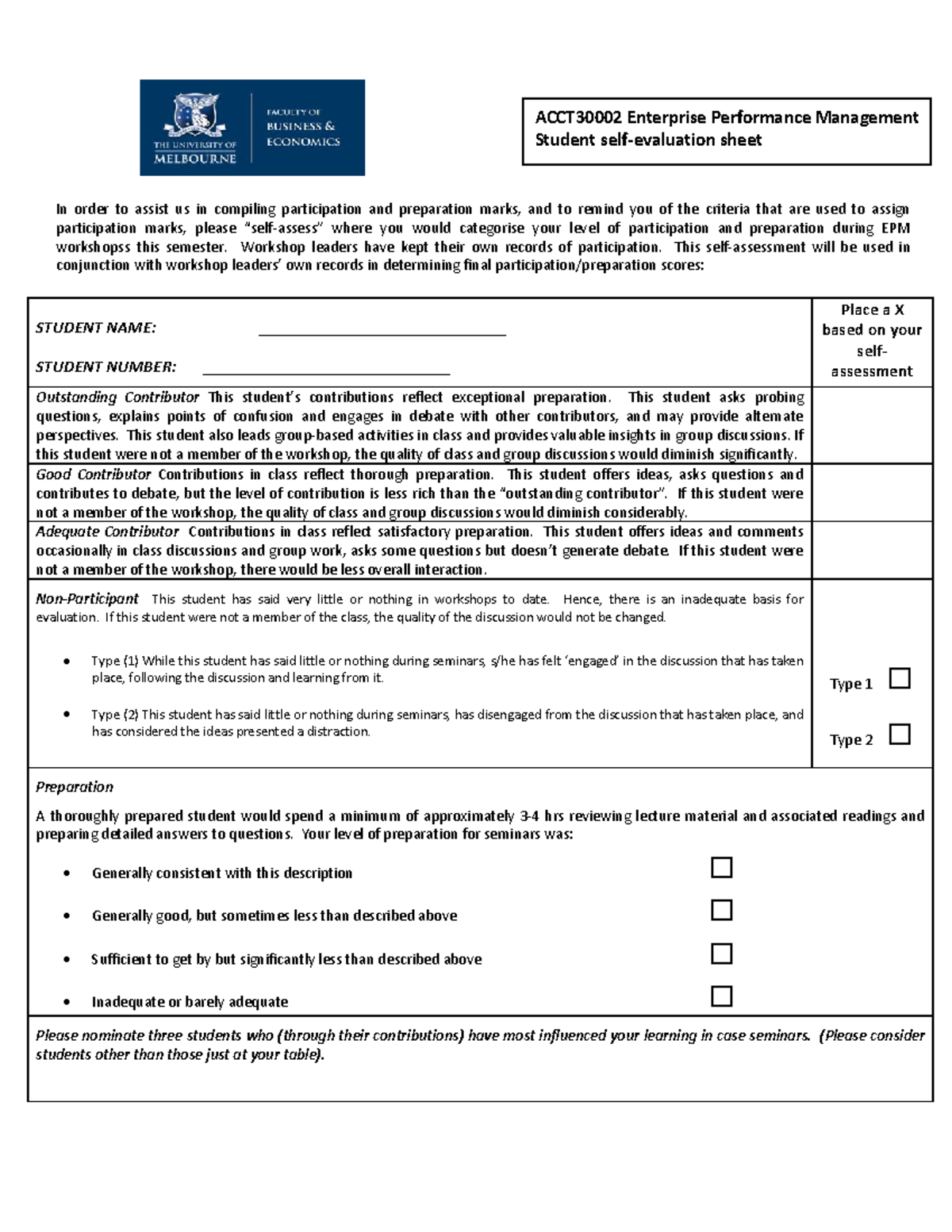 Participation self assessment - ACCT30002 Enterprise Performance ...