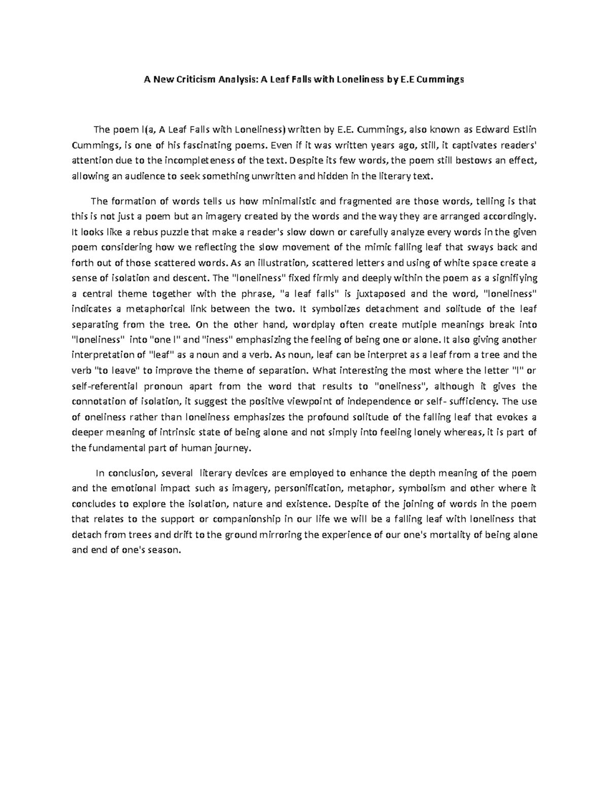 Dexter Badol A Falling Leaf with Loneliness E.E Cummings - A New ...